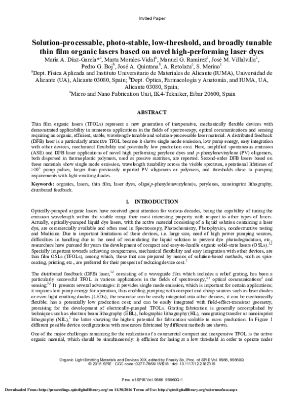 (PDF) Solution-processable, photo-stable, low-threshold, and broadly tunable thin film organic ...