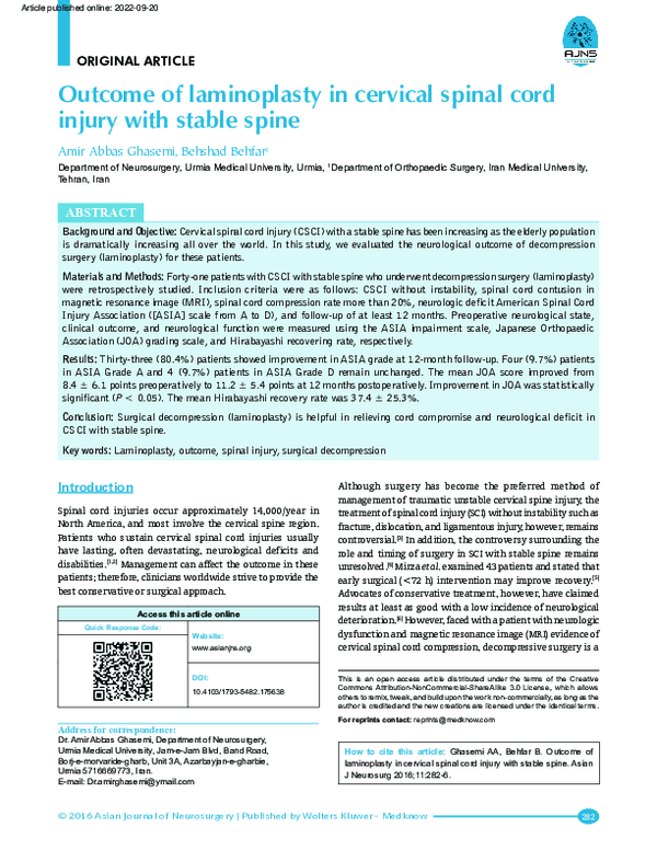 (PDF) Outcome of laminoplasty in cervical spinal cord injury with ...