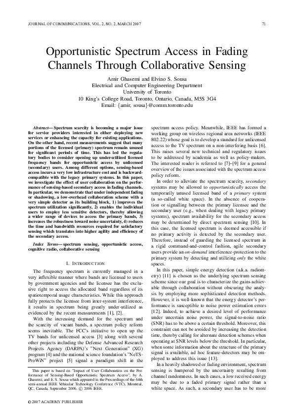 (PDF) Opportunistic Spectrum Access in Fading Channels Through Collaborative Sensing