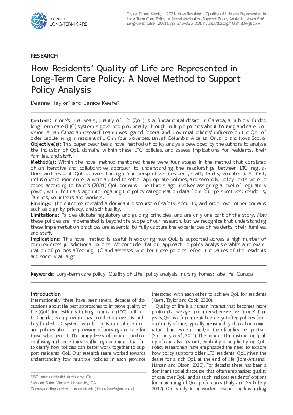 (PDF) How Residents’ Quality of Life are Represented in Long-Term Care ...
