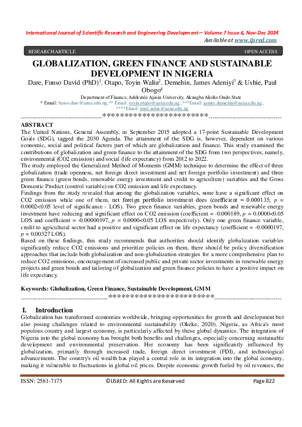 (PDF) GLOBALIZATION, GREEN FINANCE AND SUSTAINABLE DEVELOPMENT IN NIGERIA