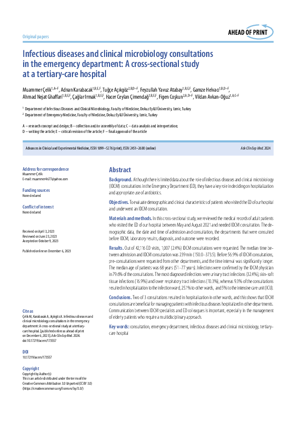 (PDF) Infectious diseases and clinical microbiology consultations in the emergency department: A ...
