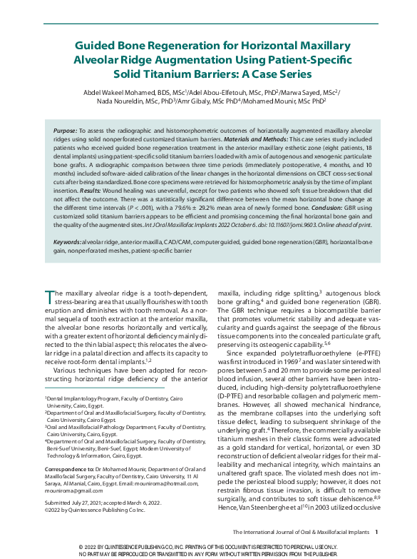 (PDF) Guided Bone Regeneration for Horizontal Maxillary Alveolar Ridge Augmentation Using ...