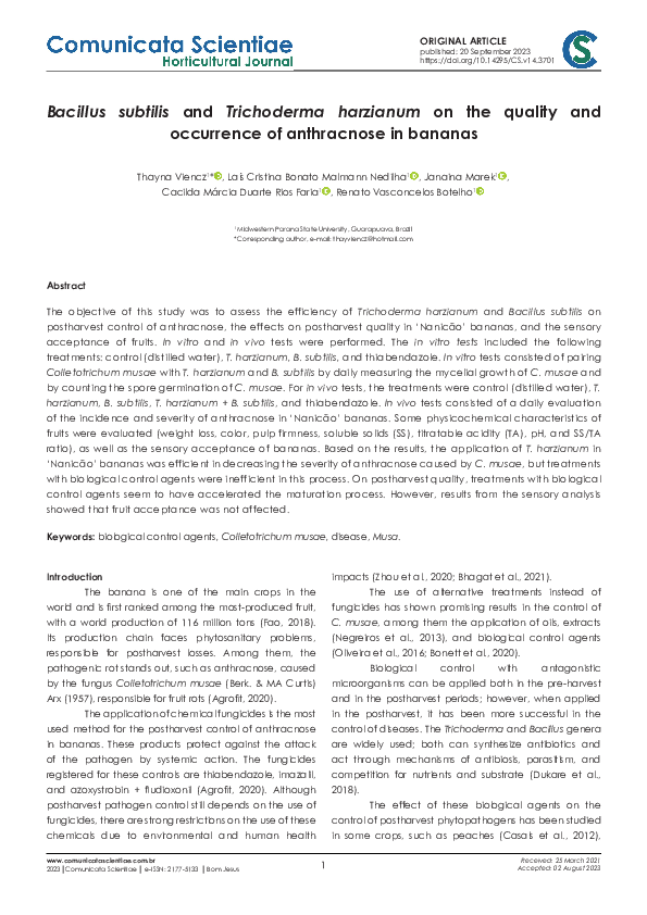 Pdf Bacillus Subtilis And Trichoderma Harzianum On The Quality And Occurrence Of Anthracnose