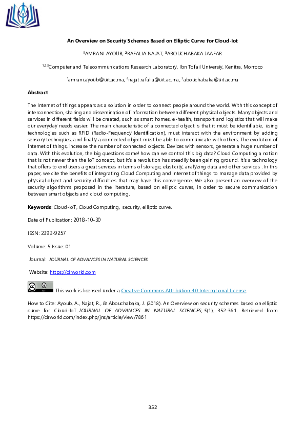 (PDF) An Overview on Security Schemes Based on Elliptic Curve for Cloud-Iot