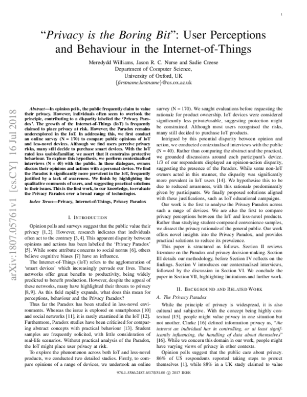 (PDF) Privacy is the Boring Bit": User Perceptions and Behaviour in the ...