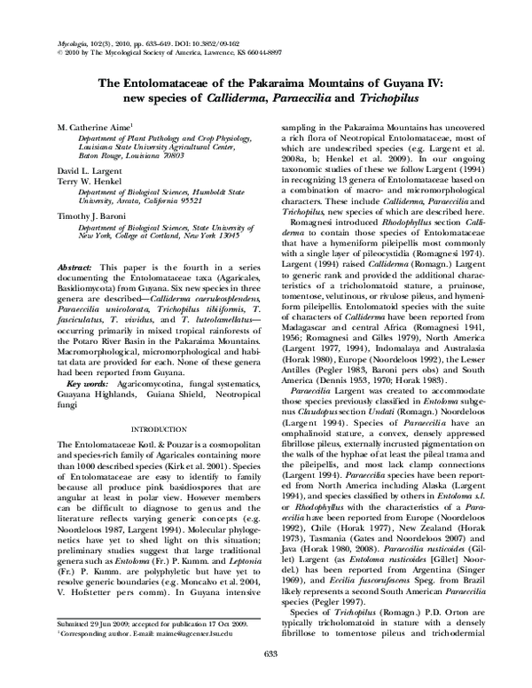 (PDF) The Entolomataceae of the Pakaraima Mountains of Guyana IV: new ...