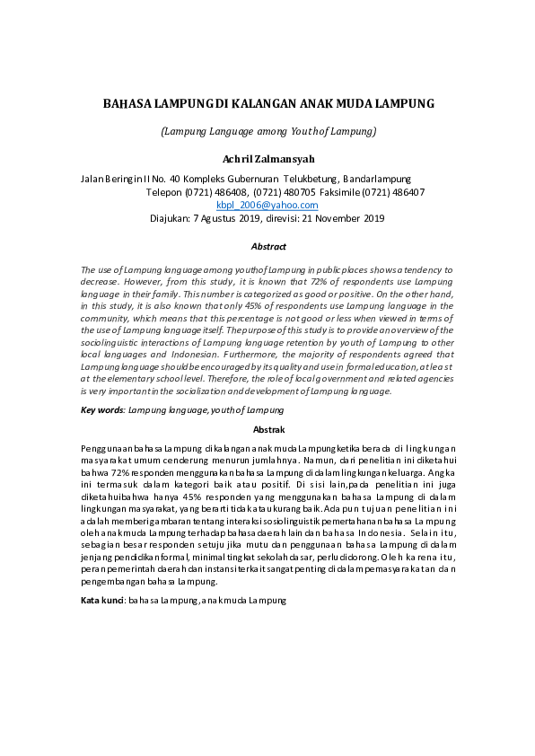 (PDF) Bahasa Lampung di Kalangan Anak Muda Lampung