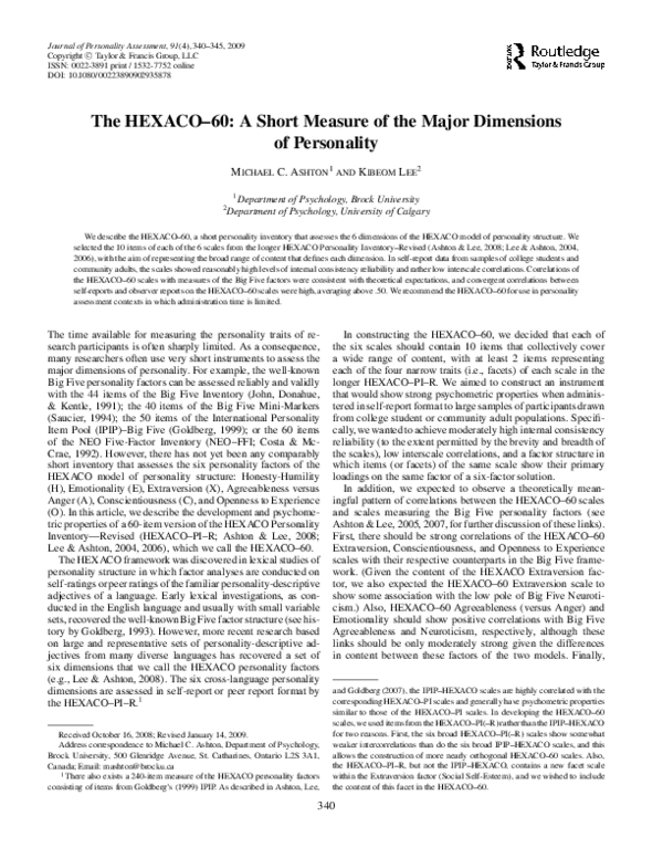 (PDF) The HEXACO-60: A Short Measure of the Major Dimensions of Personality