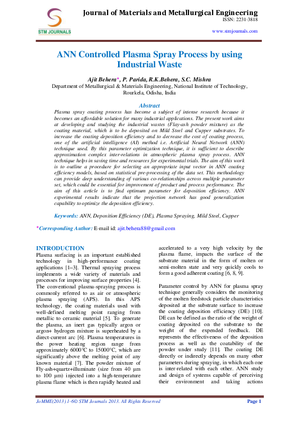 (PDF) ANN Controlled Plasma Spray Process by using Industrial Waste