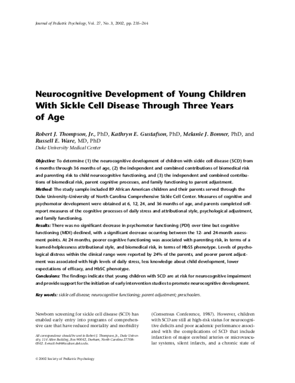 (PDF) Neurocognitive Development of Young Children With Sickle Cell Disease Through Three Years ...