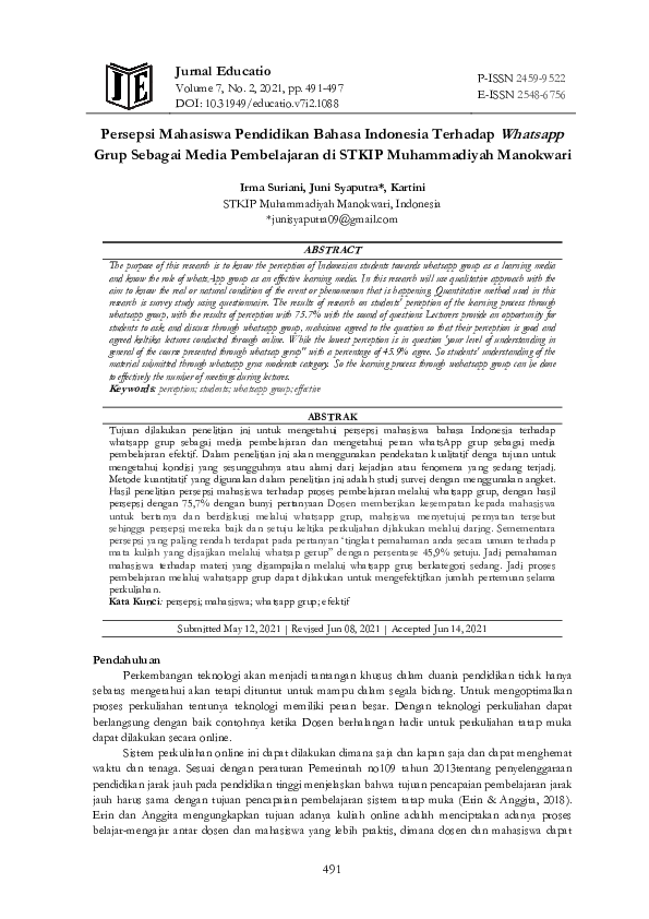 (PDF) Persepsi Mahasiswa Pendidikan Bahasa Indonesia Terhadap Whatsapp Grup Sebagai Media ...