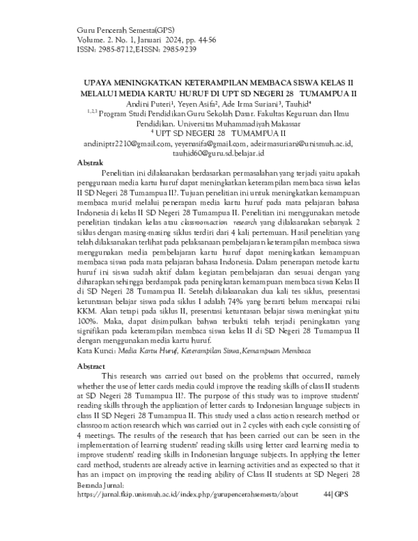 (PDF) Upaya Meningkatkan Keterampilan Membaca Siswa Kelas Ii Melalui Kartu Huruf Di UPT SD ...