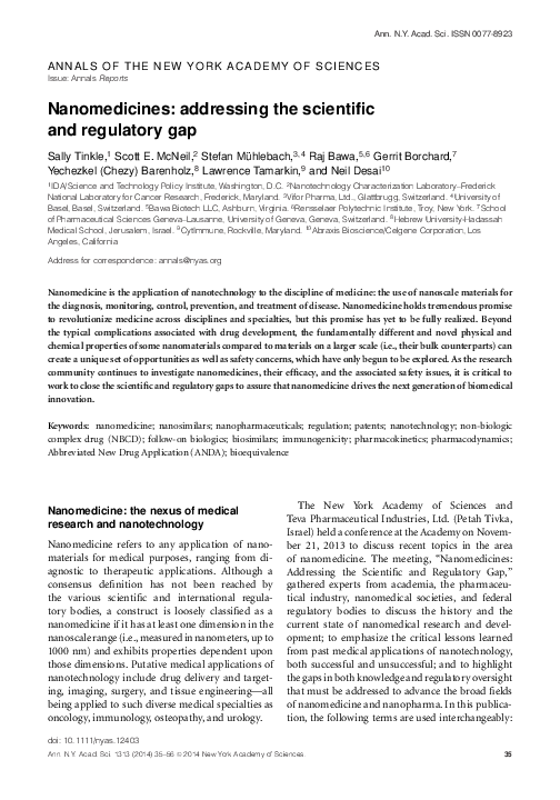(PDF) Nanomedicines: addressing the scientific and regulatory gap