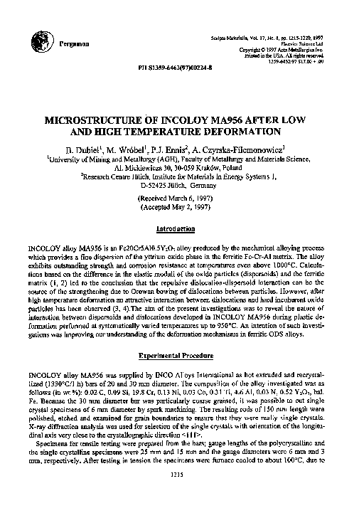 (PDF) Microstructure of INCOLOY MA956 after low and high temperature deformation