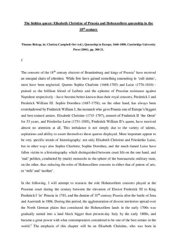 (PDF) The hidden queen: Elisabeth Christine of Prussia and Hohenzollern ...