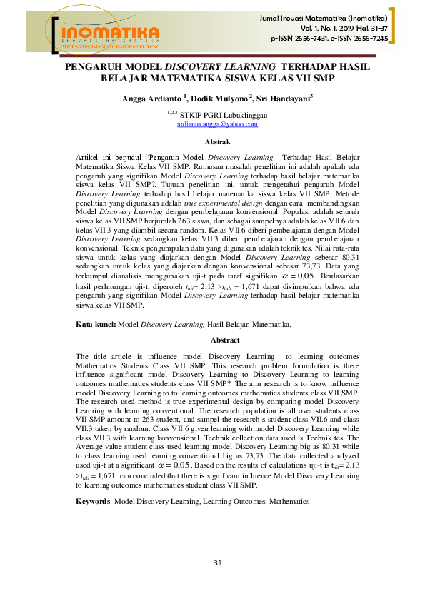 (PDF) Pengaruh Model Discovery Learning Terhadap Hasil Belajar Matematika Siswa Kelas VII SMP