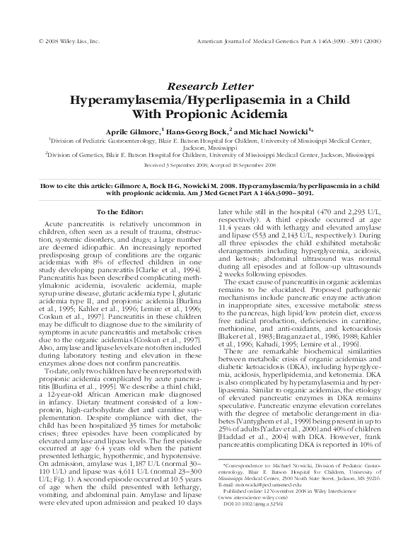 (PDF) Hyperamylasemia/hyperlipasemia in a child with propionic acidemia