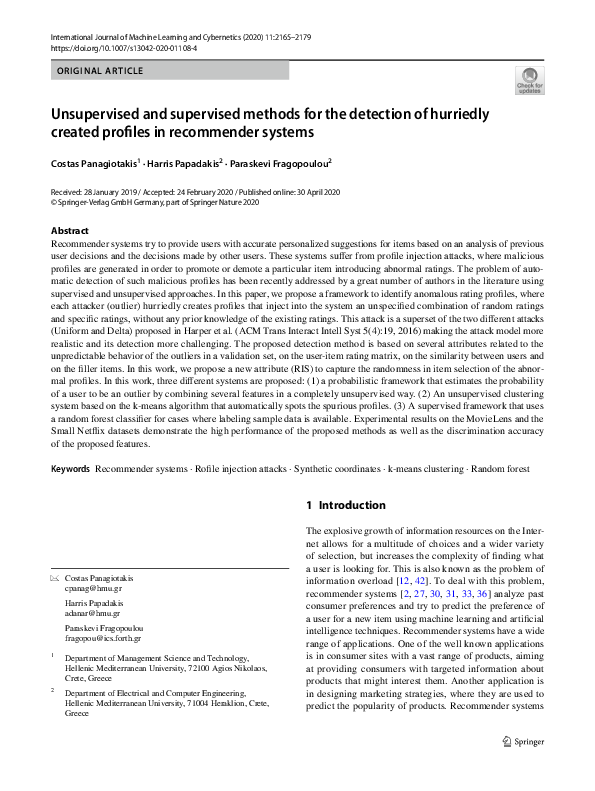 (PDF) Unsupervised and Supervised Methods for the Detection of Hurriedly Created Profiles in ...
