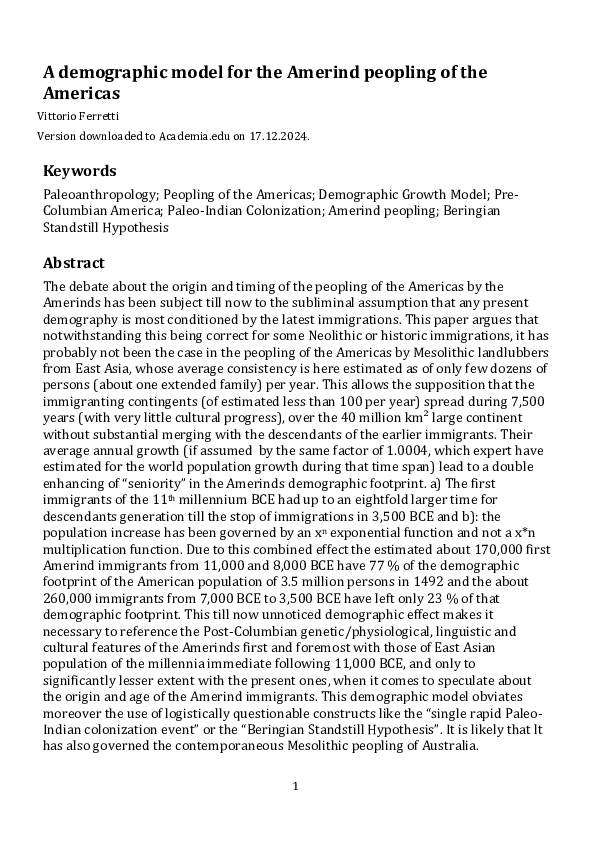(PDF) A demographic model for the Amerind peopling of the Americas
