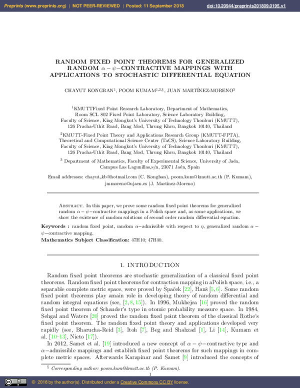 (PDF) Random Fixed Point Theorems for Generalized Random α - ψ -contractive Mappings with ...