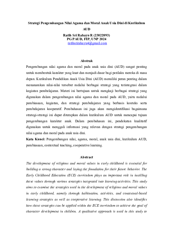 (PDF) Strategi Pengembangan Nilai Agama dan Moral Anak Usia Dini di Kurikulum AUD Ratih Sri ...