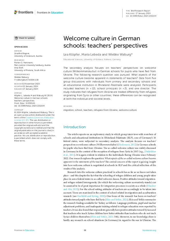 (PDF) Welcome culture in German schools: teachers’ perspectives