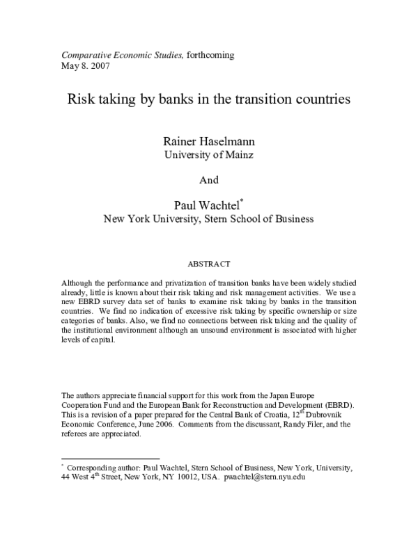 (PDF) Risk Taking by Banks in the Transition Countries