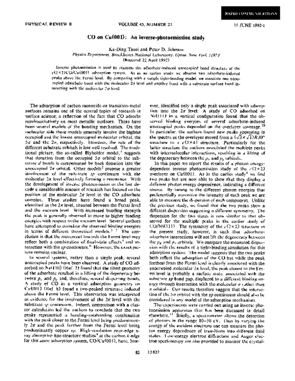 (PDF) CO on Cu(001): An inverse-photoemission study