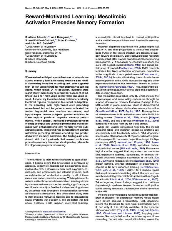 (PDF) Reward-Motivated Learning: Mesolimbic Activation Precedes Memory ...