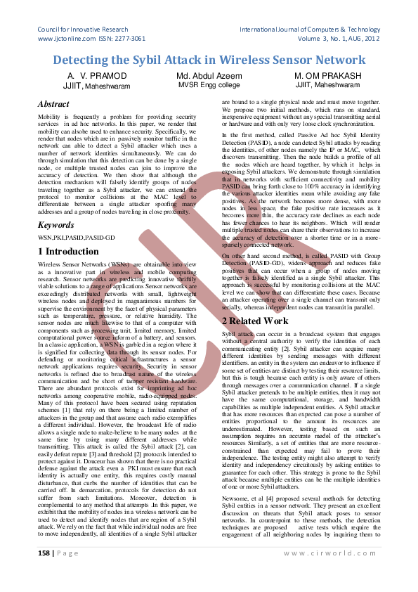 (PDF) Detecting the Sybil Attack in Wireless Sensor Network