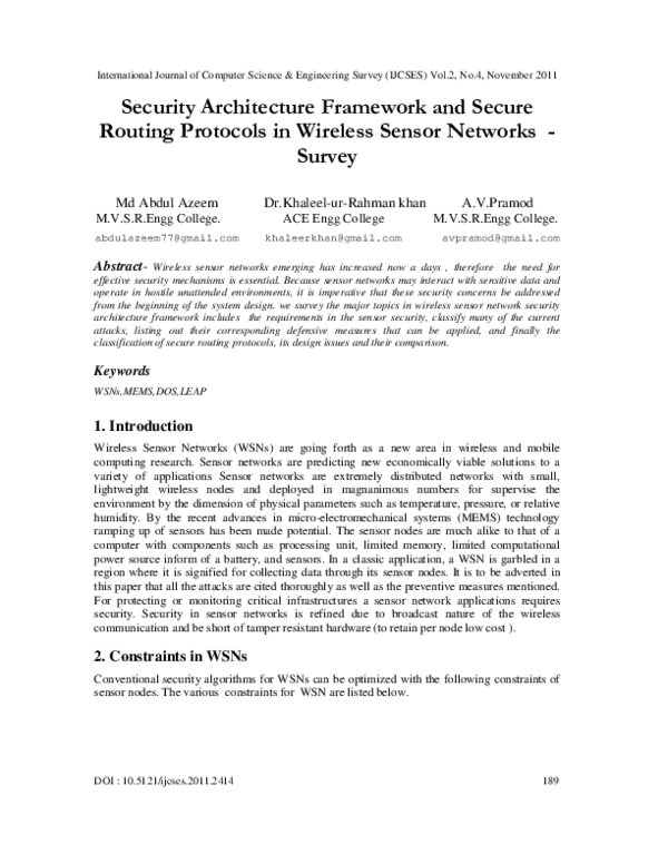(PDF) Security Architecture Framework and Secure Routing Protocols in Wireless Sensor Networks ...