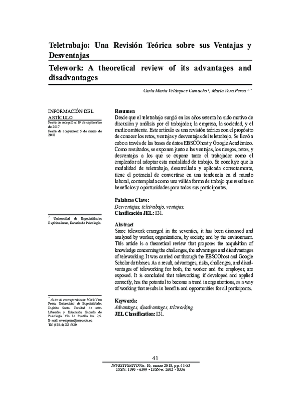 (PDF) Telework : A theoretical review of its advantages and disadvantages