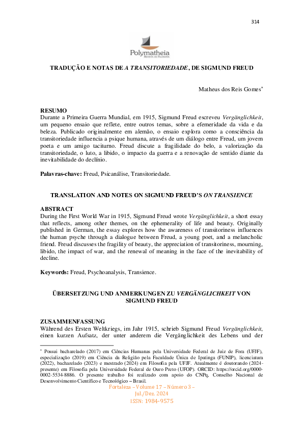 (PDF) Tradução e notas de A Transitoriedade, de Sigmund Freud ...