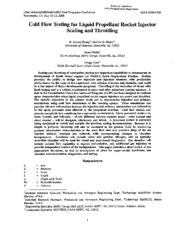 (PDF) Cold Flow Testing for Liquid Propellant Rocket Injector Scaling ...