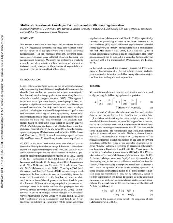 (PDF) Multiscale time-domain time-lapse FWI with a model-difference regularization | Musa ...