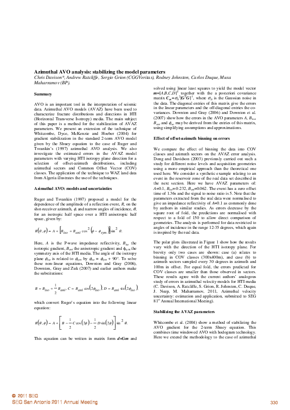 (PDF) Azimuthal AVO analysis: Stabilizing the model parameters