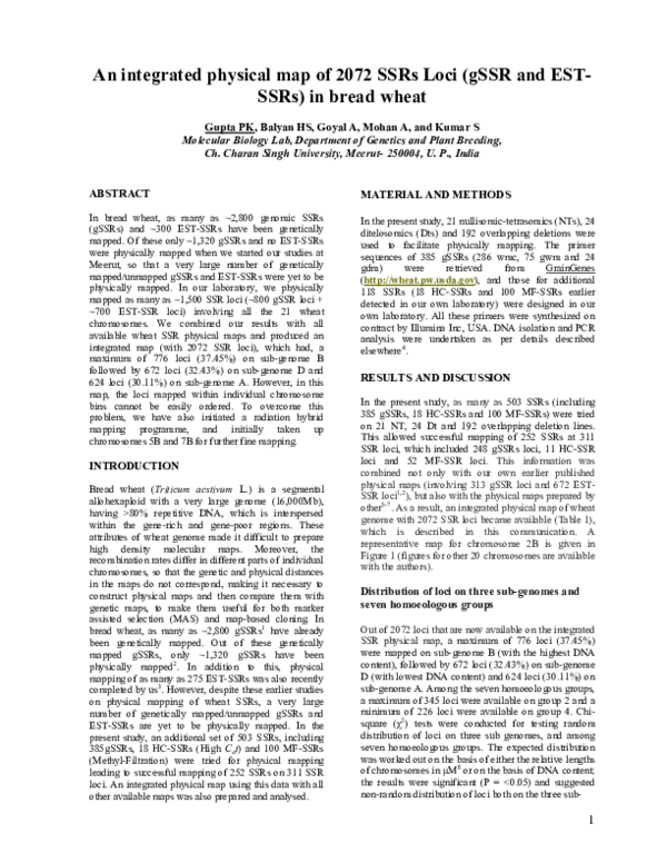 (PDF) An integrated physical map of 2072 SSRs Loci (gSSR and EST-SSRs) in bread wheat | Sachin ...