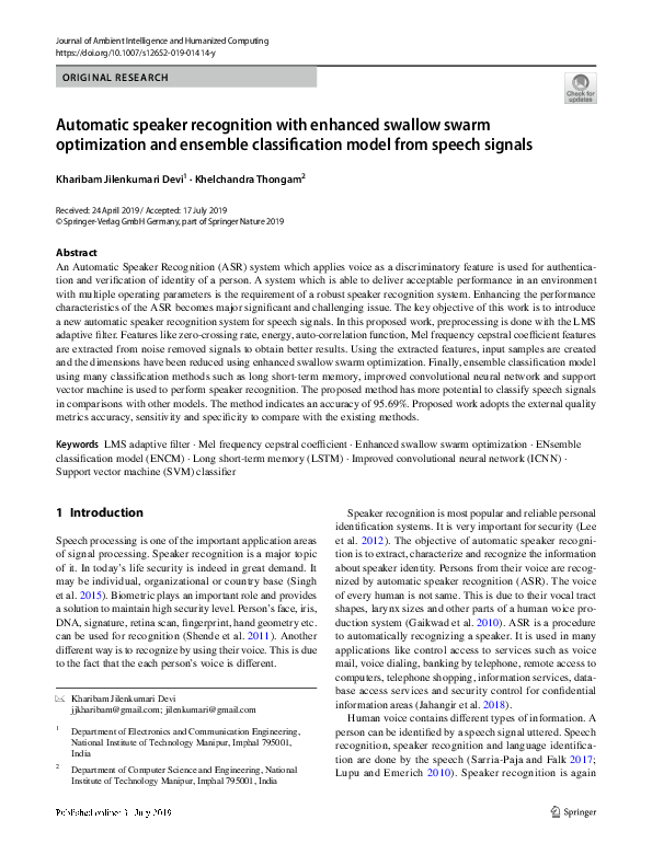 (PDF) Automatic speaker recognition with enhanced swallow swarm optimization and ensemble ...