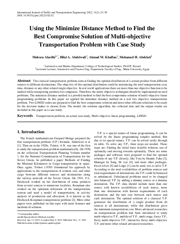 (PDF) Using the Minimize Distance Method to Find the Best Compromise Solution of Multi-objective ...