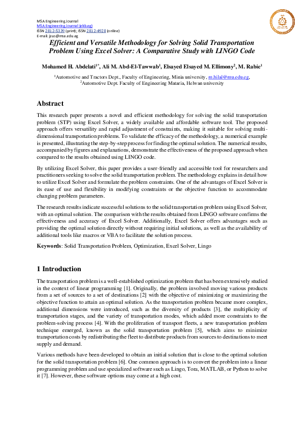 (PDF) Efficient and Versatile Methodology for Solving Solid Transportation Problem Using Excel ...