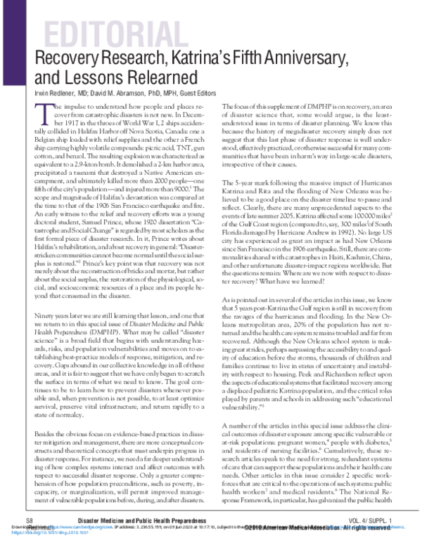 (PDF) Recovery Research, Katrina's Fifth Anniversary, and Lessons Relearned