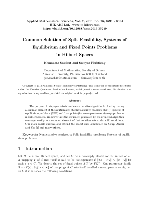 (PDF) Common solution of split feasibility, systems of equilibrium and fixed points problems in ...