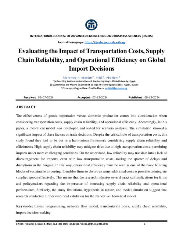 (PDF) Evaluating the Impact of Transportation Costs, Supply Chain Reliability, and Operational ...