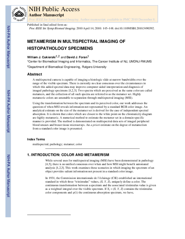 (PDF) Metamerism in multispectral imaging of histopathology specimens ...