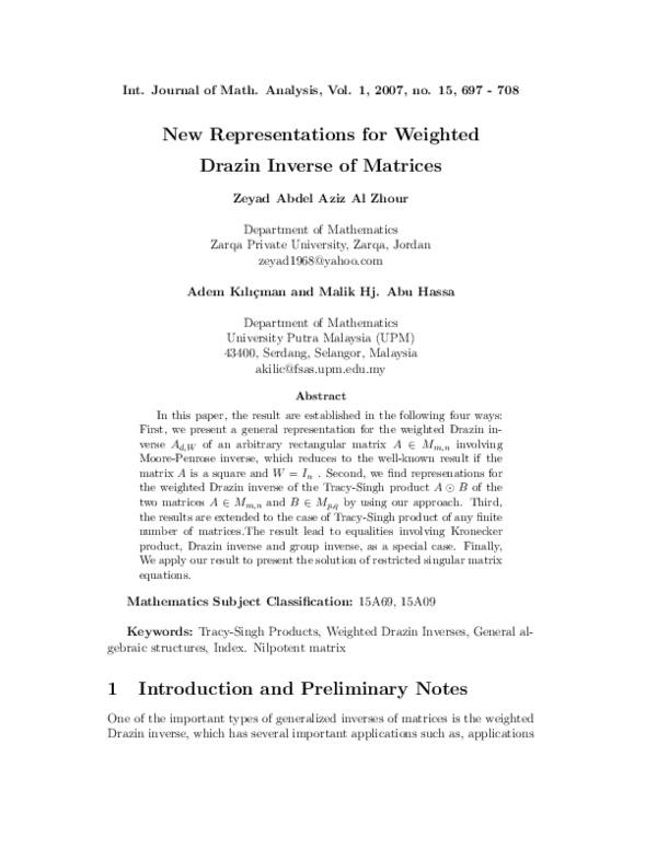(PDF) New representations for weighted Drazin inverse of matrices