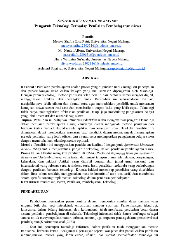 (PDF) SYSTEMATIC LITERATURE REVIEW SLR Pengaruh Teknologi Terhadap Penilaian Pembelajaran Siswa