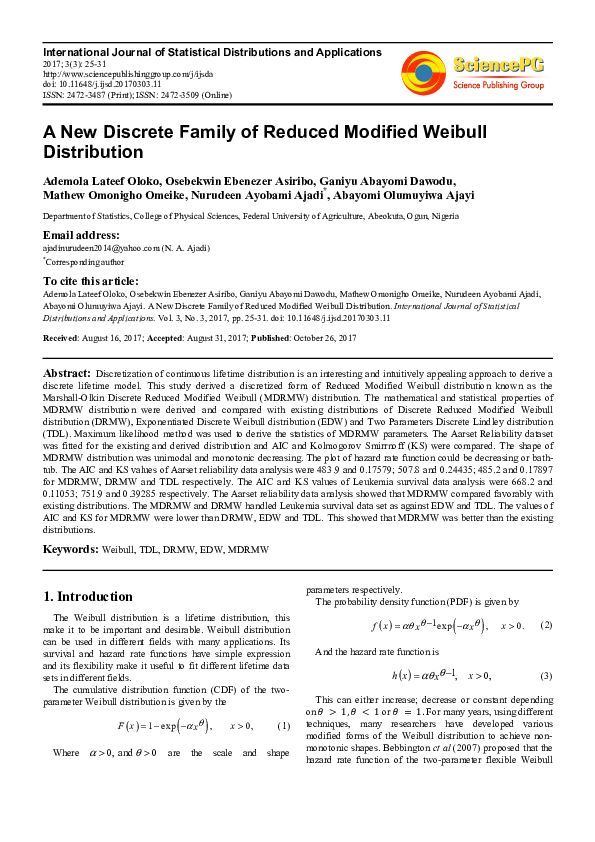 (PDF) A New Discrete Family of Reduced Modified Weibull Distribution