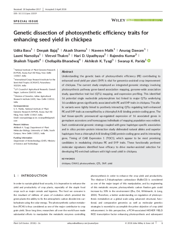 (PDF) Genetic dissection of photosynthetic efficiency traits for enhancing seed yield in chickpea