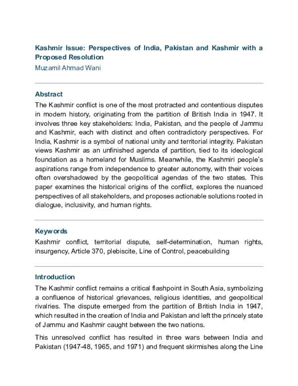 (PDF) Kashmir Issue: Perspectives of India, Pakistan and Kashmir with a ...